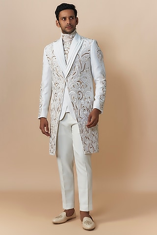 White Japanese Crepe Hand Embroidered Long Suit Set by Dapper & Dare at ...