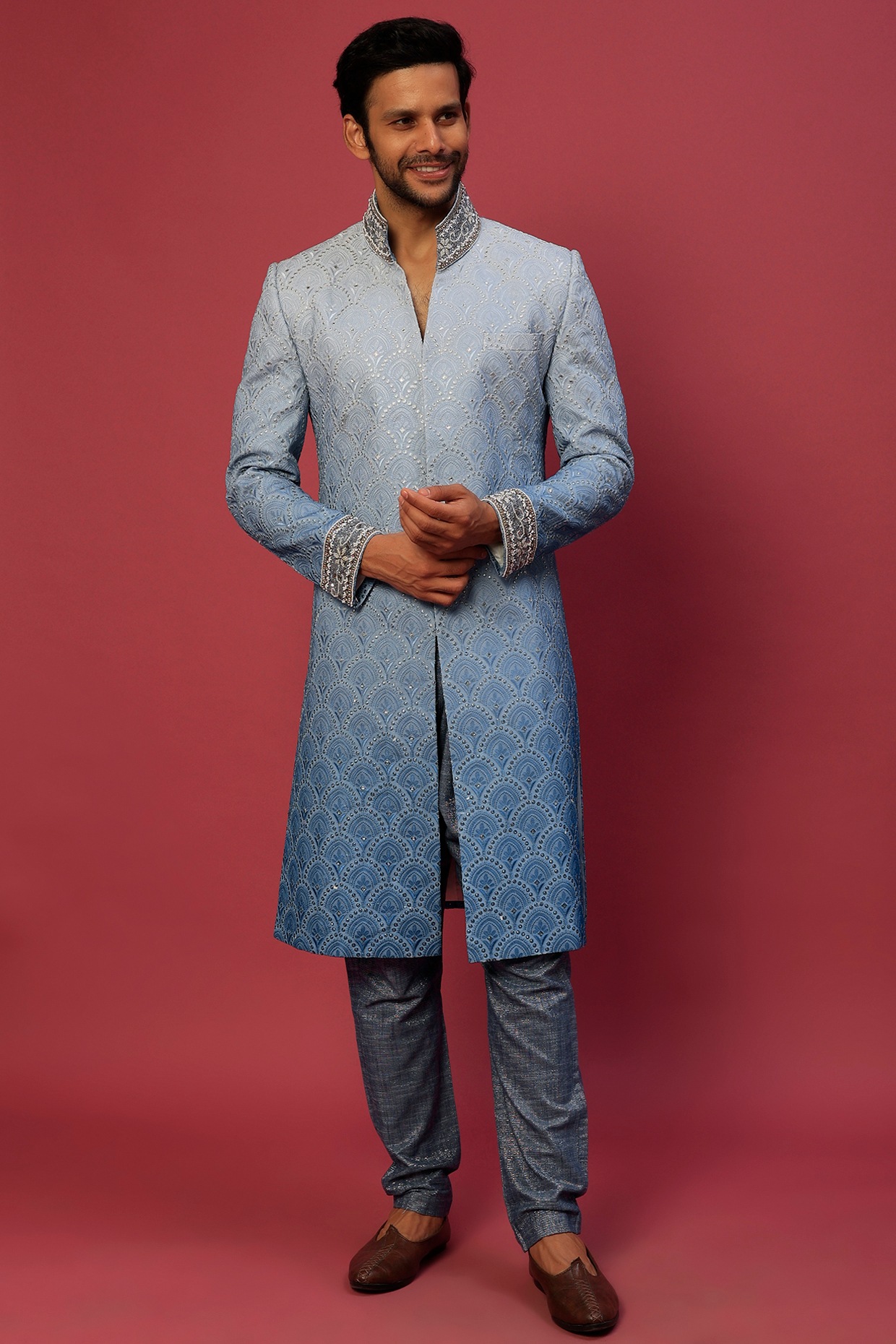 Blue Ombre Embroidered Wedding Sherwani Set by Dapper & Dare at Pernia ...