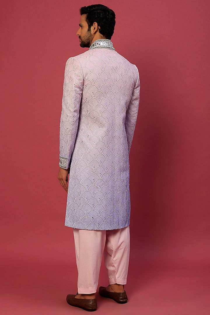 Purple Georgette Motif Embroidered Ombre Wedding Sherwani Set by Dapper ...