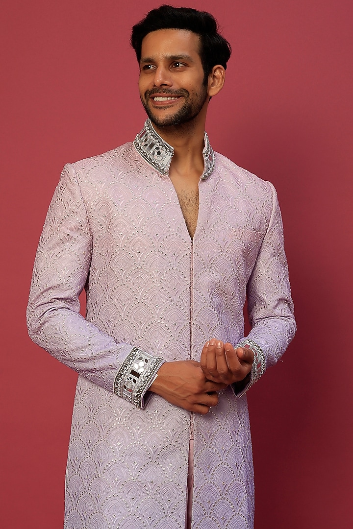 Purple Georgette Motif Embroidered Ombre Wedding Sherwani Set by Dapper ...
