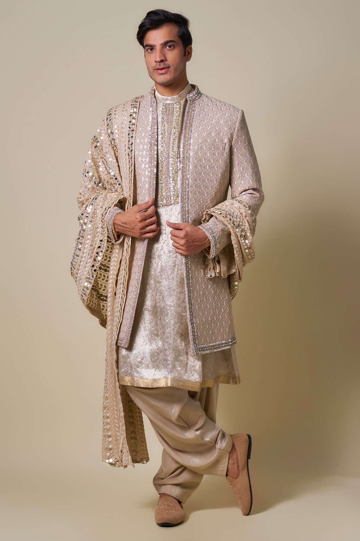 Beige Georgette Cutdana Embroidered Groom Sherwani Set by Dapper & Dare ...