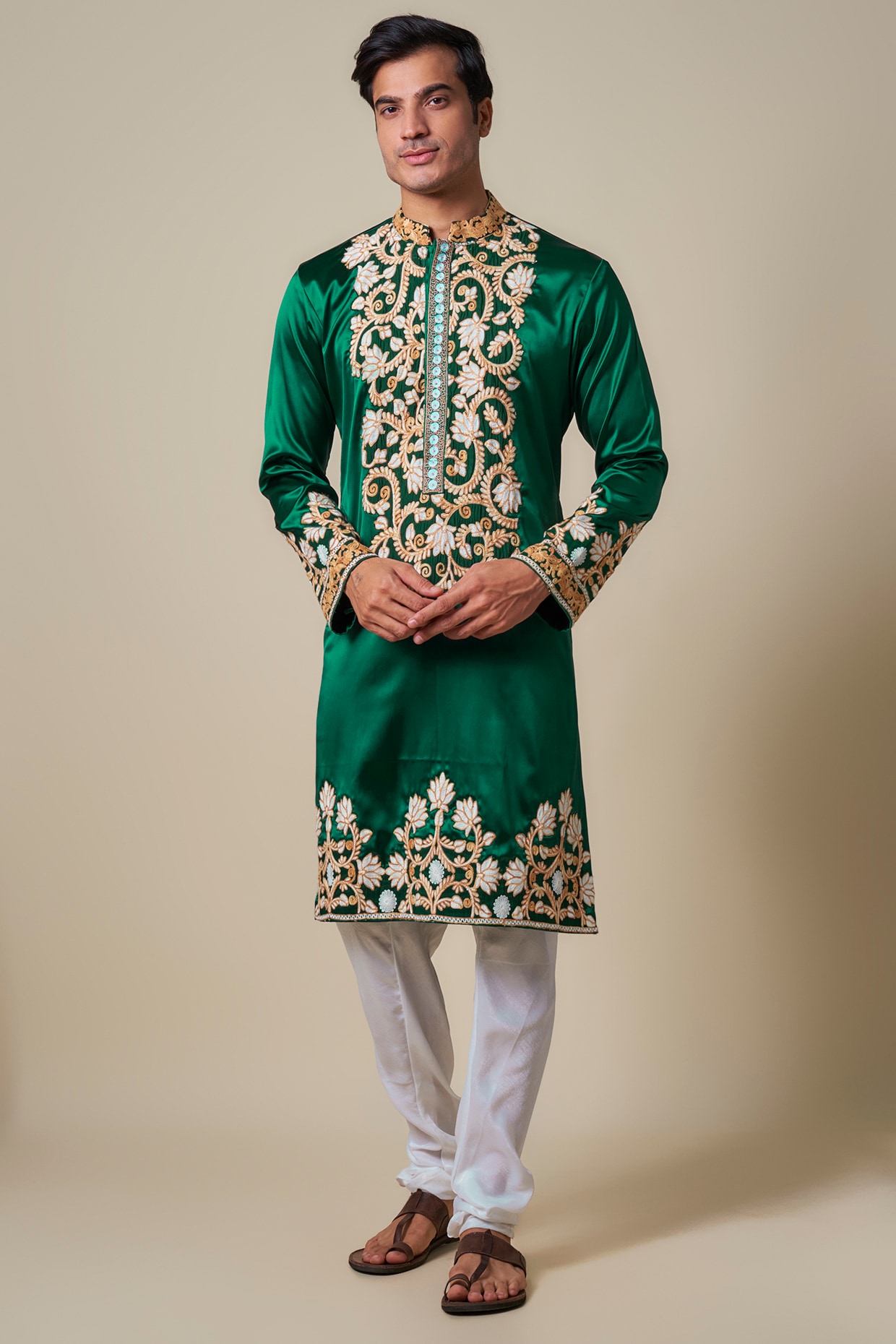 Dark Green Turkish Satin Kashmiri Hand Embroidered Kurta Set by Dapper ...