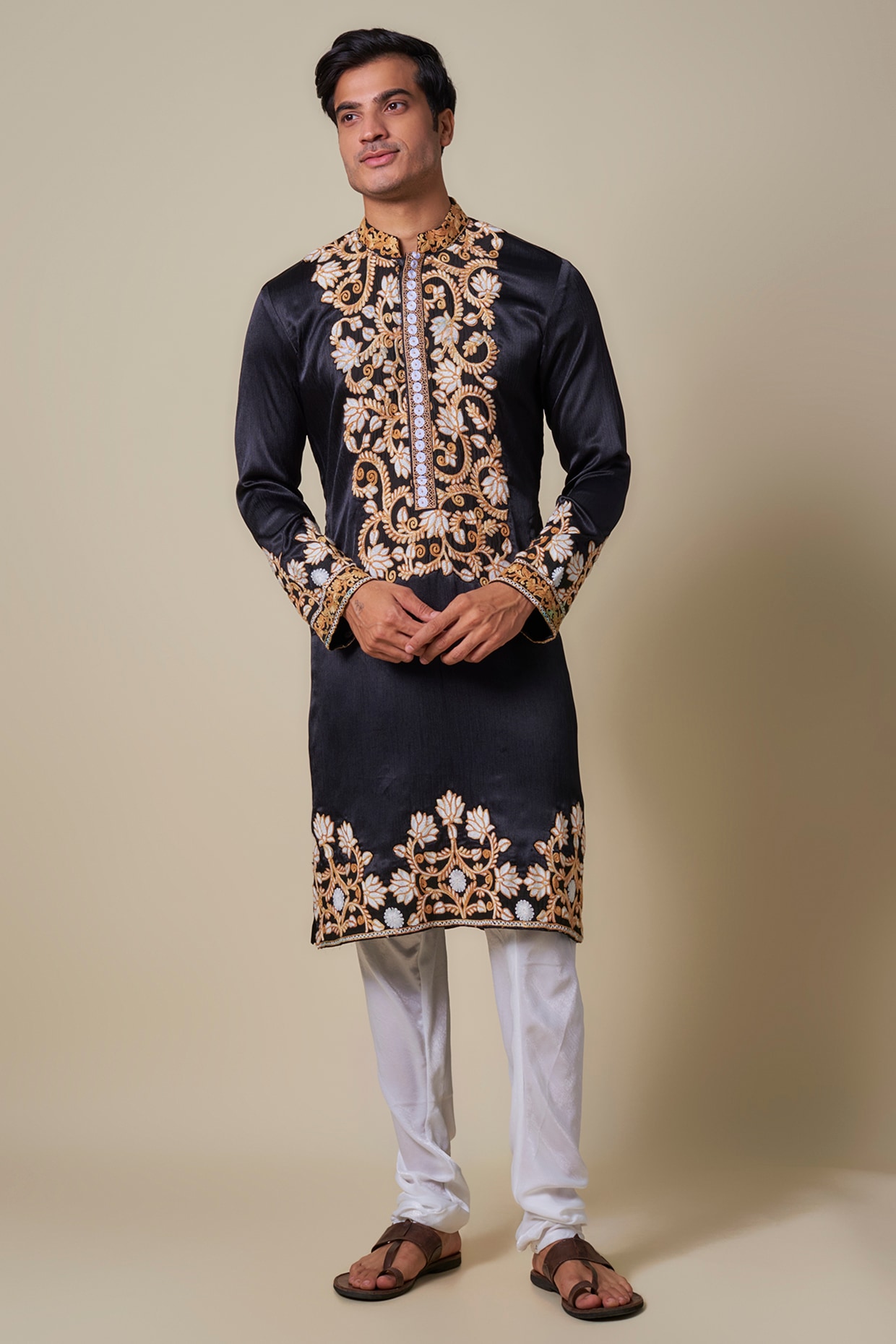 Black Turkish Satin Kashmiri Hand Embroidered Kurta Set by Dapper ...