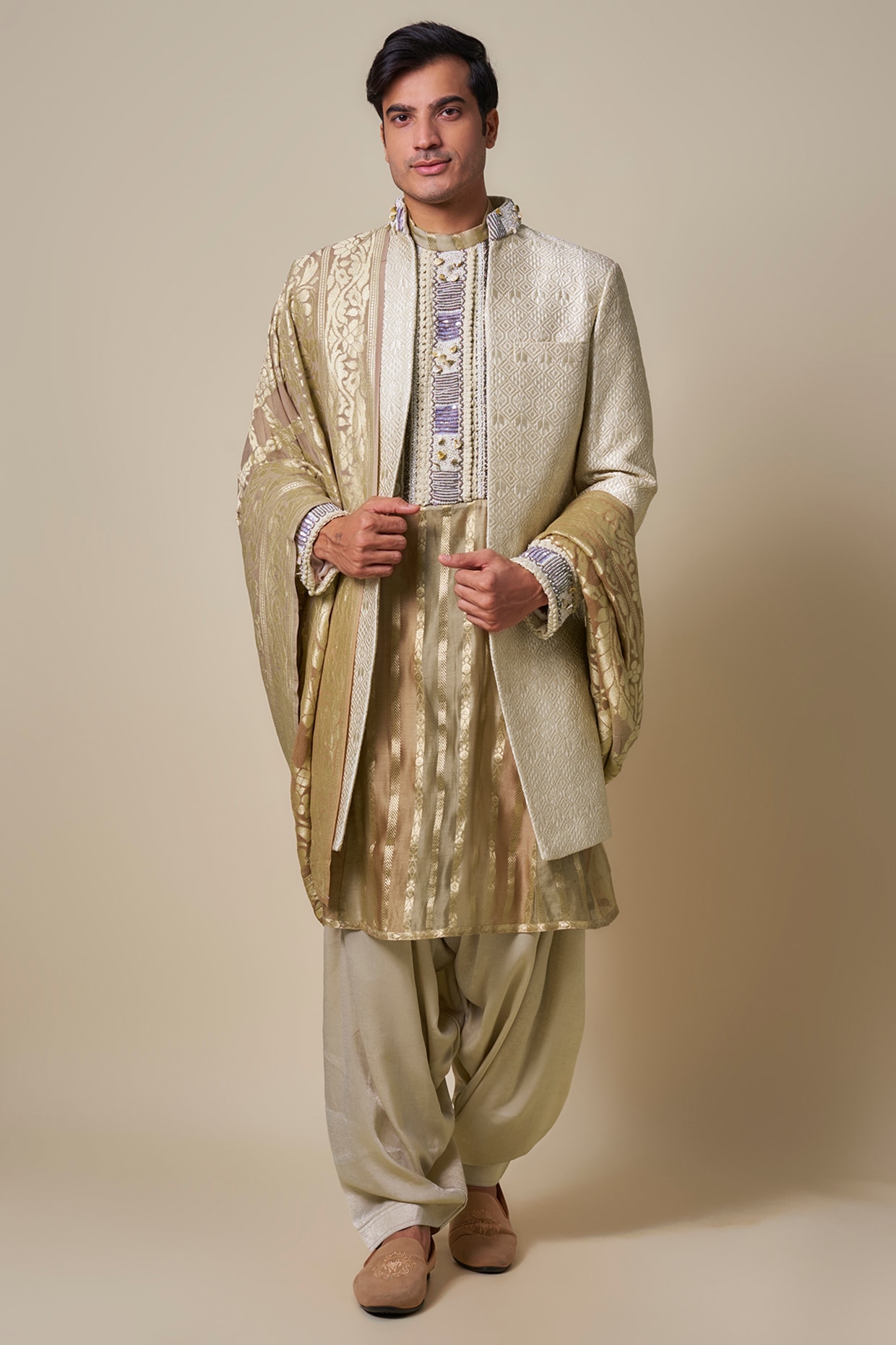 Cream Mysore Silk Printed & Embroidered Groom Sherwani Set by Dapper ...