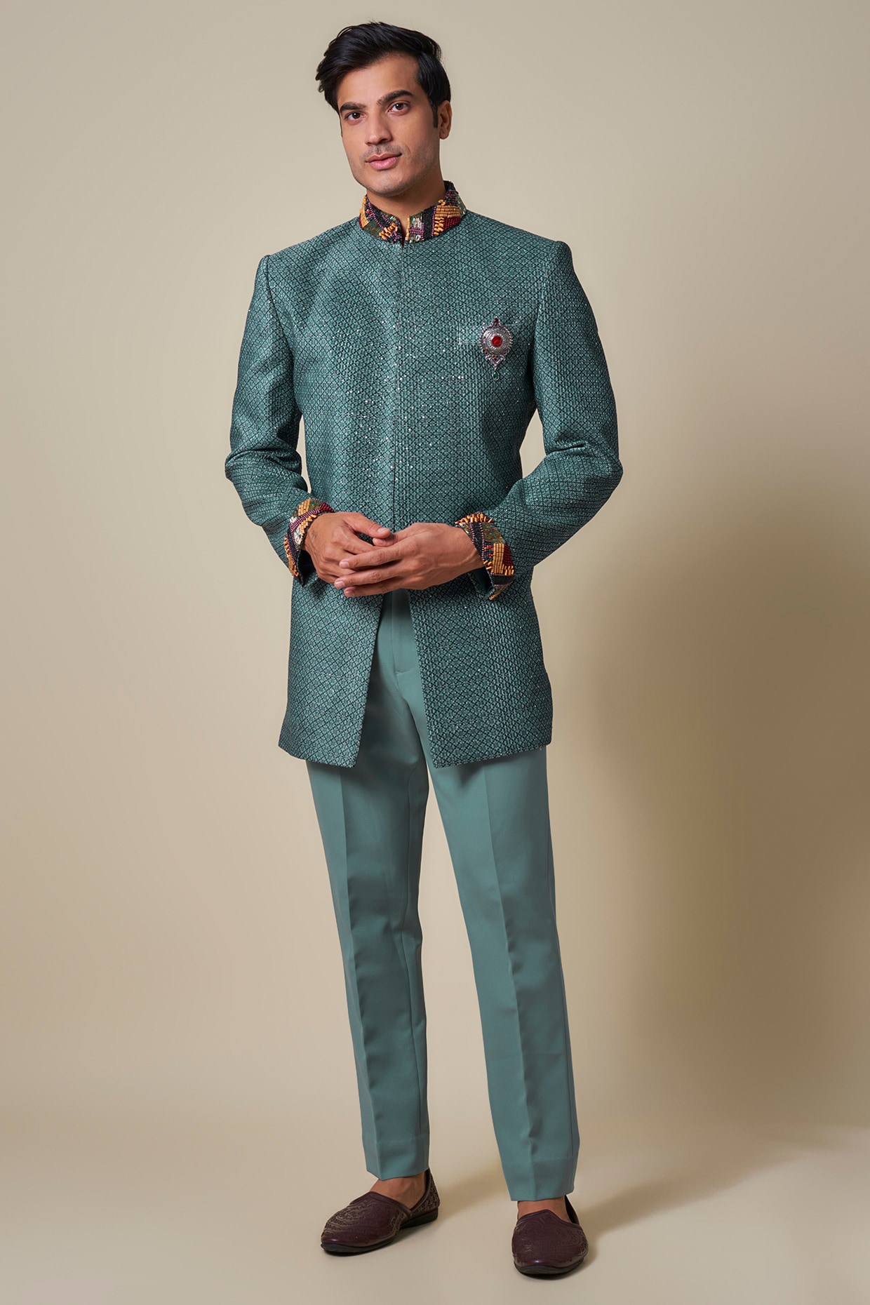 Turquoise Jacquard Stone Work Indowestern Set by Dapper & Dare at ...