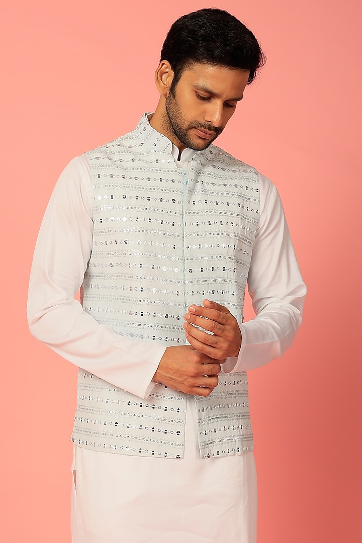 Light Blue Embroidered Nehru Jacket With Kurta Set Design by Darzi ...