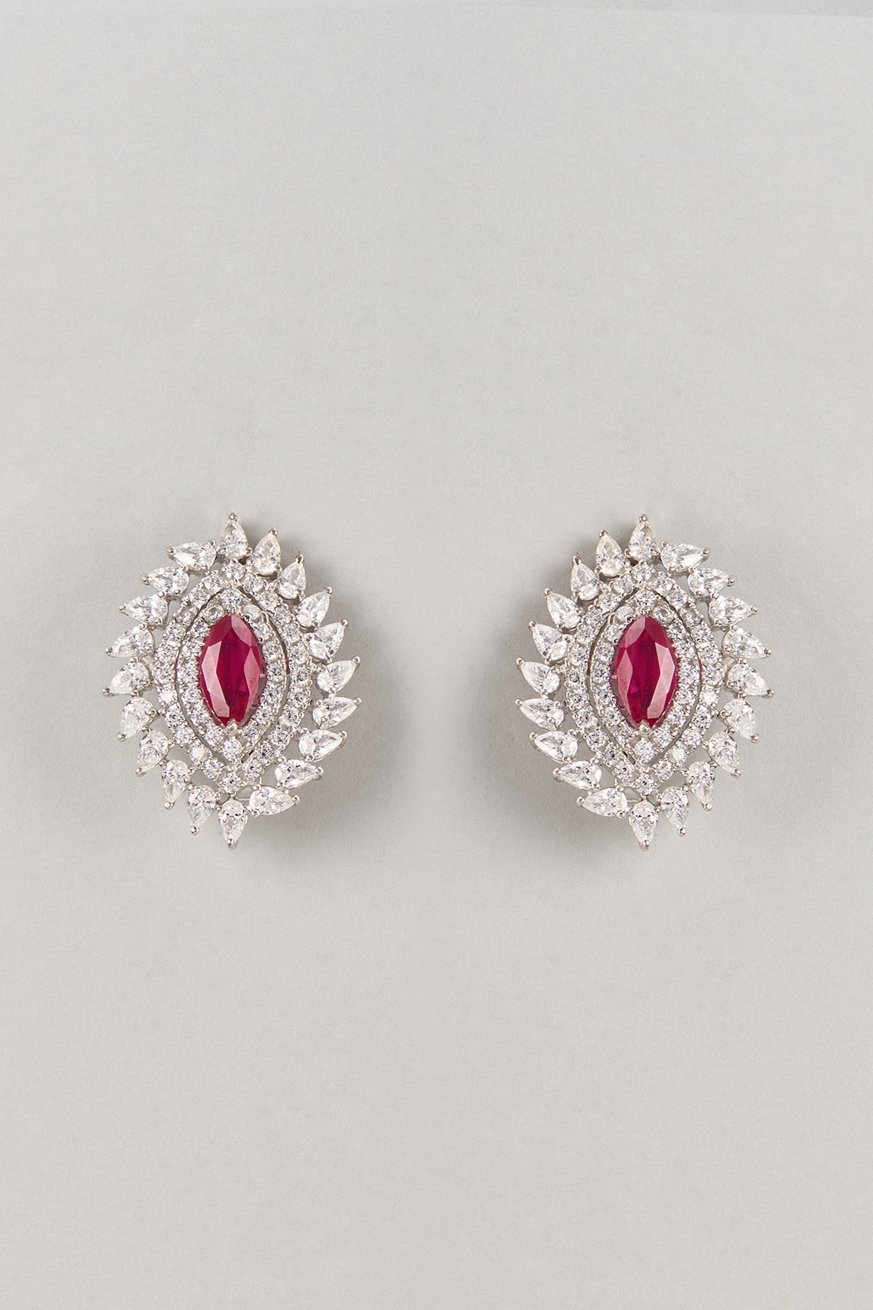Silver Finish Zircon & Red Stone Stud Earrings In Sterling Silver by Diosa Paris Jewellery at ...