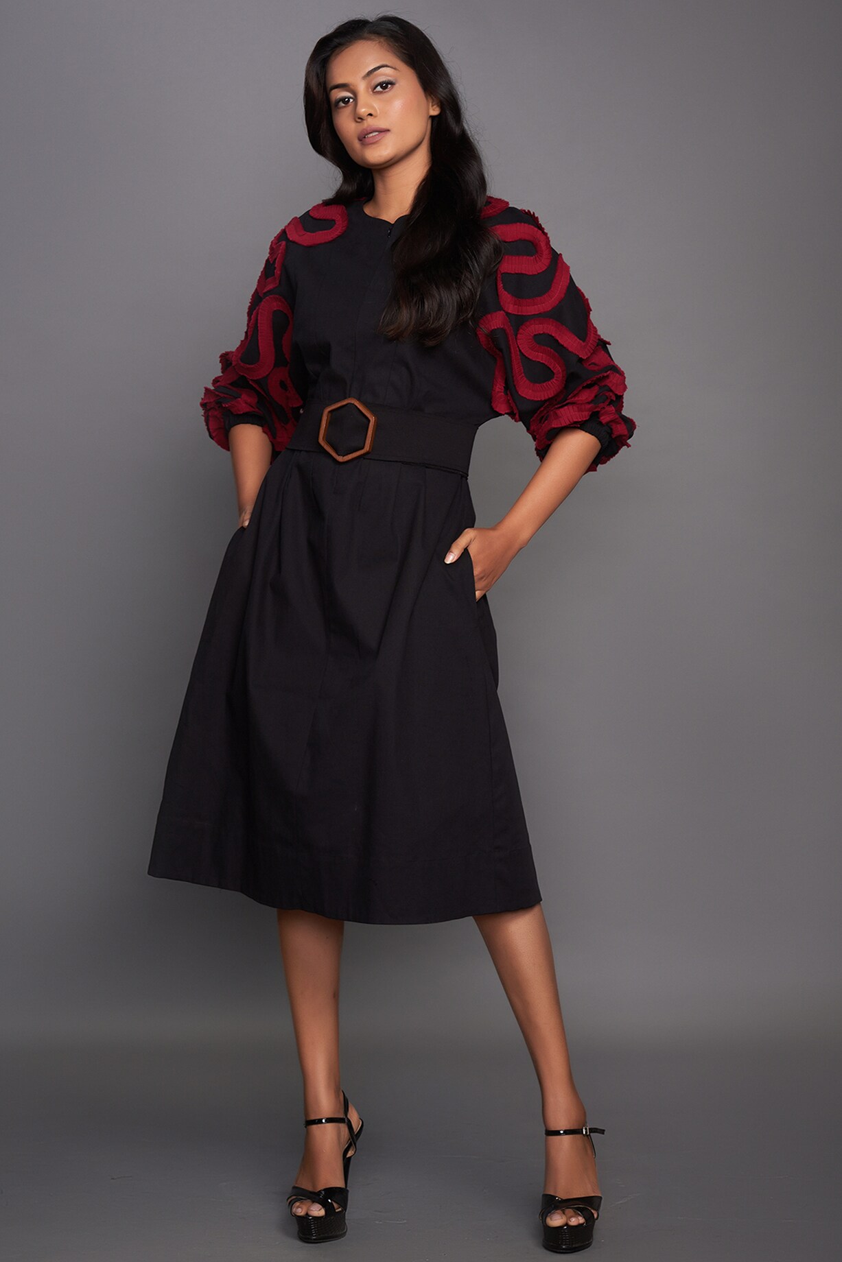 Black Midi Dress With Belt by Deepika Arora at Pernia's Pop Up Shop 2025