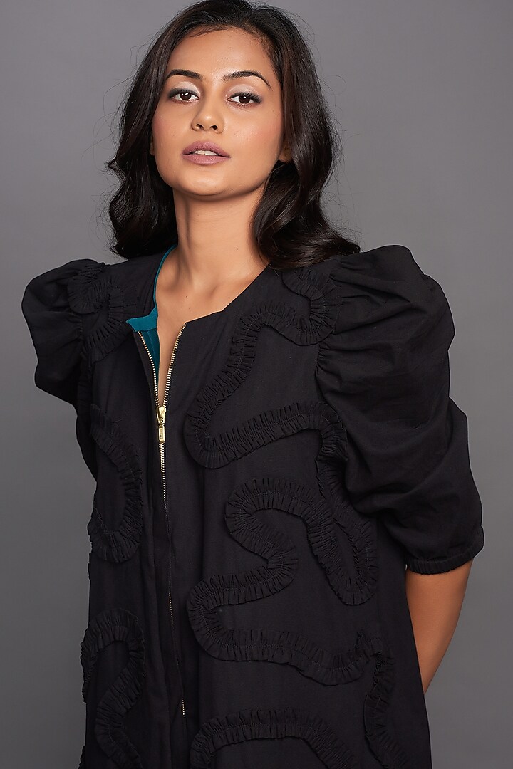 Black Midi Dress With Puffed Sleeves by Deepika Arora at Pernia's Pop ...