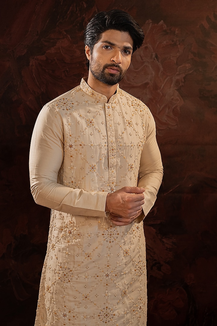 Beige Silk French Knot Embroidered Kurta Set by Darshika at Pernia's ...