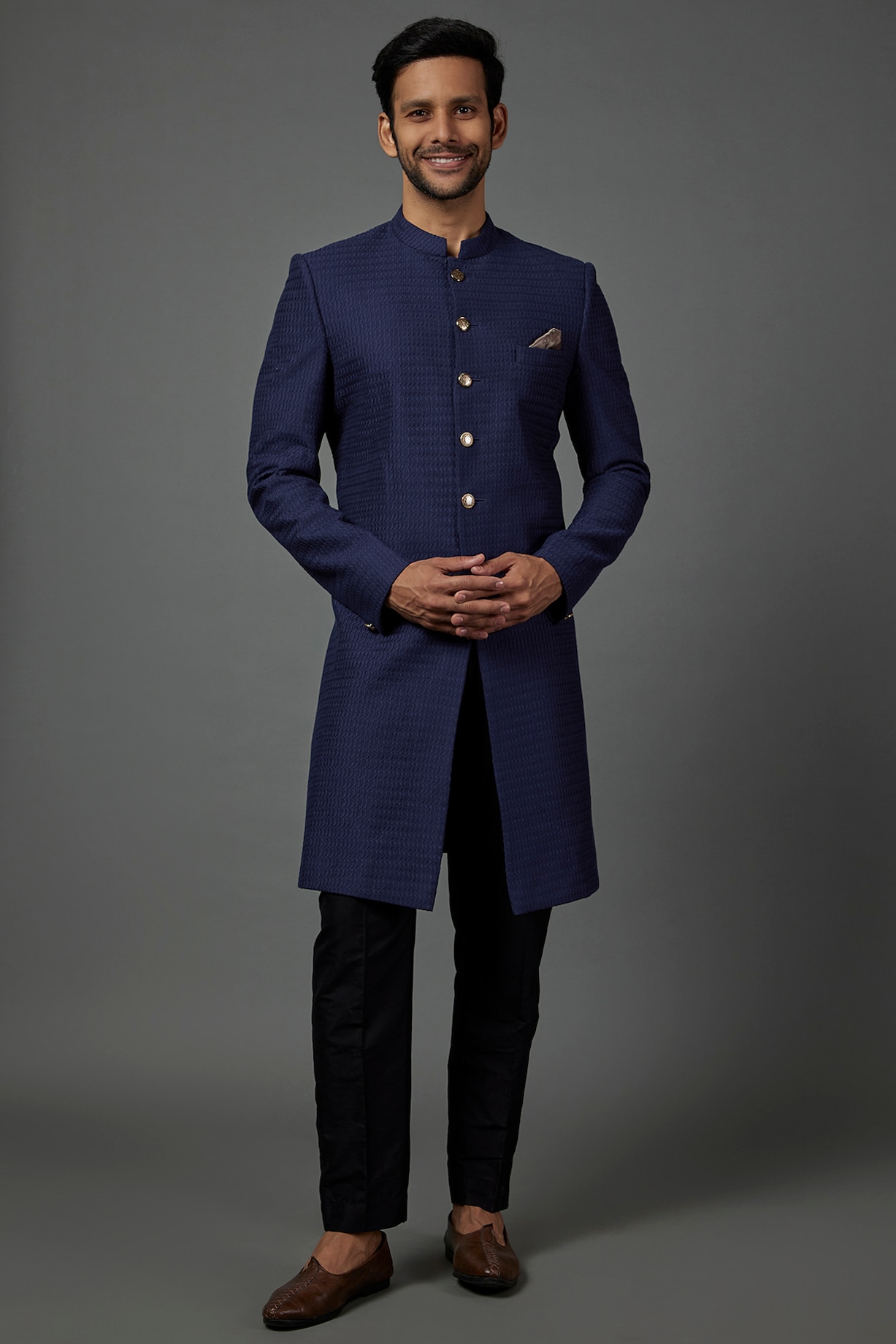 Blue Cotton Silk Wedding Sherwani Set by Darshika at Pernia's Pop Up Shop 2025