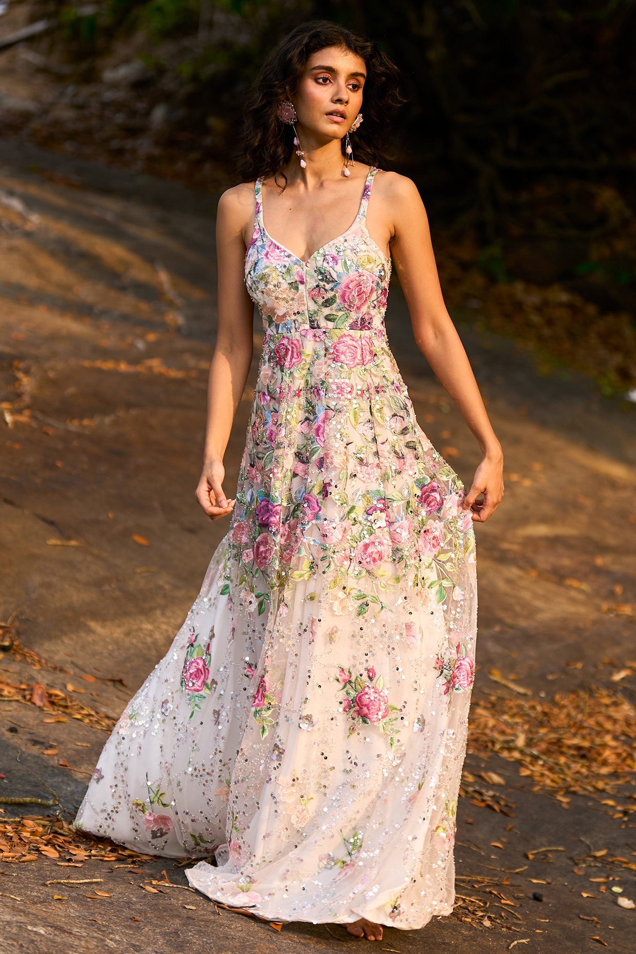Multi-Colored Recycled Polyester Floral Embroidered Fit & Flare Gown by ...