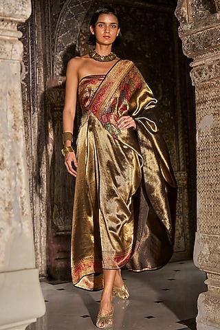 Metallic Gold Banarsi Silk Brocade One-Shoulder Party Wear Gown by Dash ...