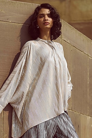 Ivory Polyester Foil Pleated Boxy Top by Dash and Dot at Pernia's Pop ...