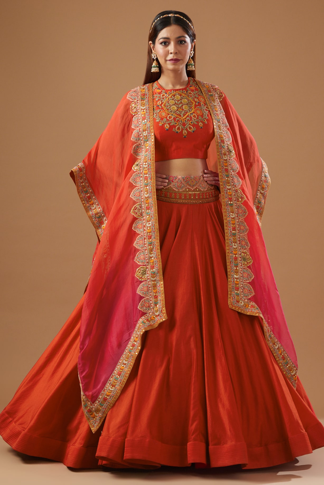 Red Chanderi Embroidered Jacket Wedding Lehenga Set by Debyani at ...