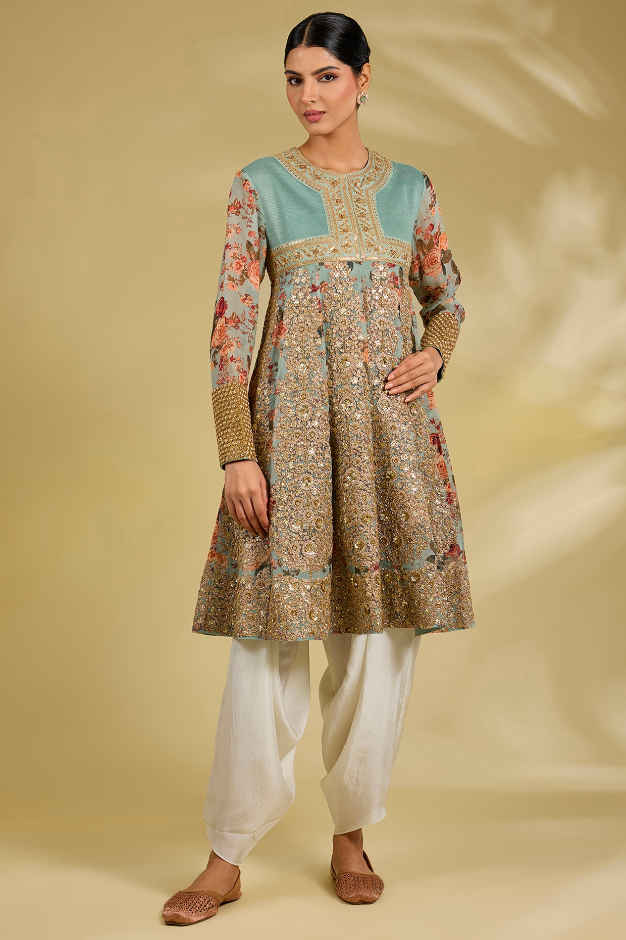 Pale Blue Silk Hand & Machine Embroidered Tunic Set by Debyani at ...