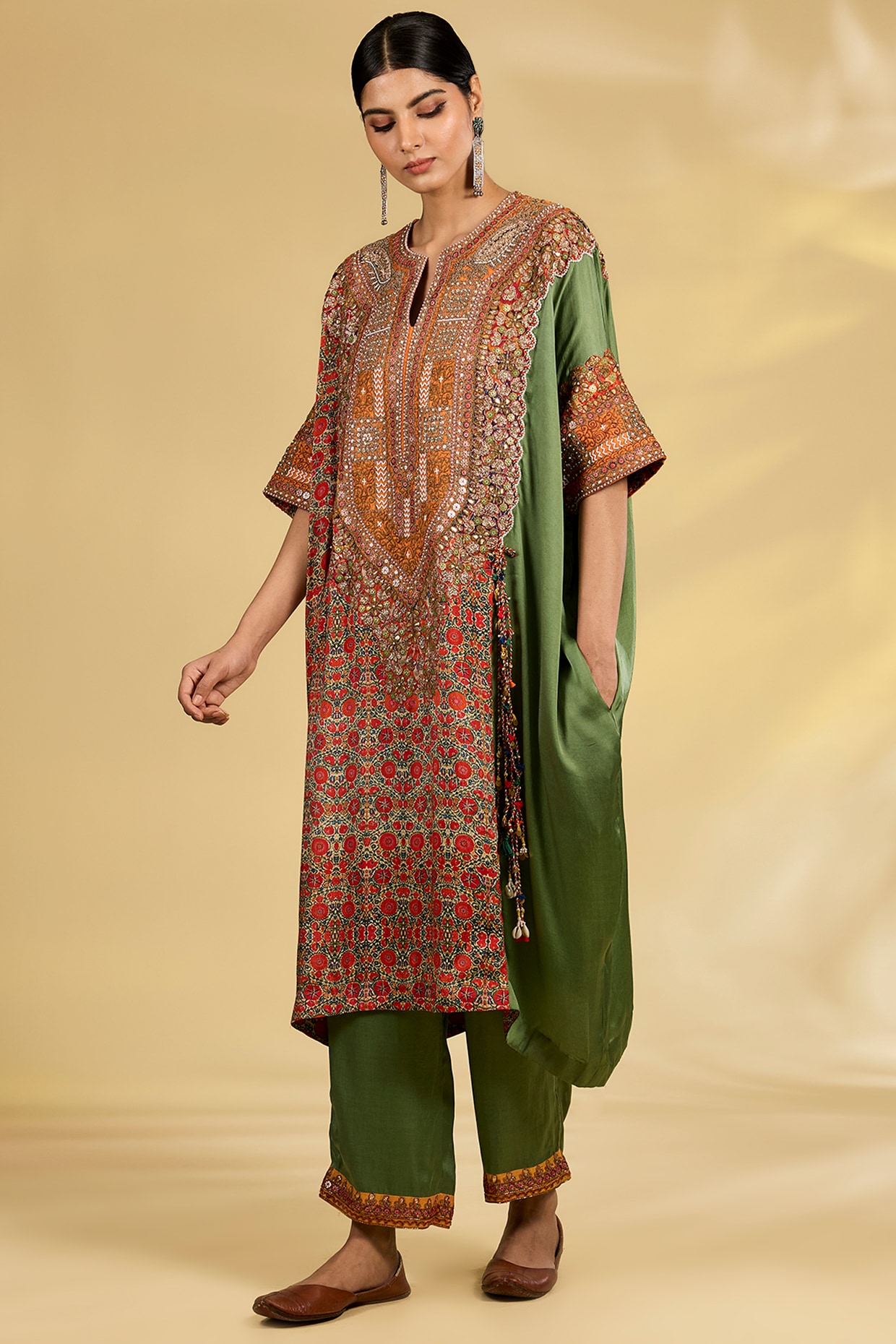 Sage Green Silk Hand & Machine Embroidered Kaftan Set by Debyani at ...