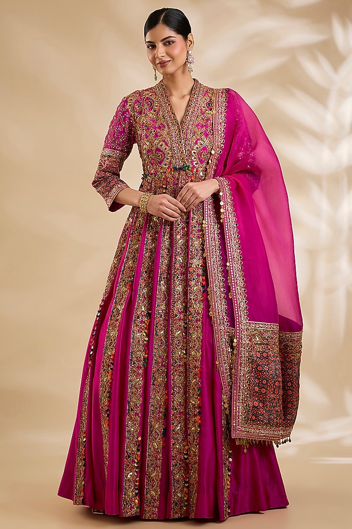 Magenta Silk Hand & Machine Embroidered Bridal Anarkali Set by Debyani ...