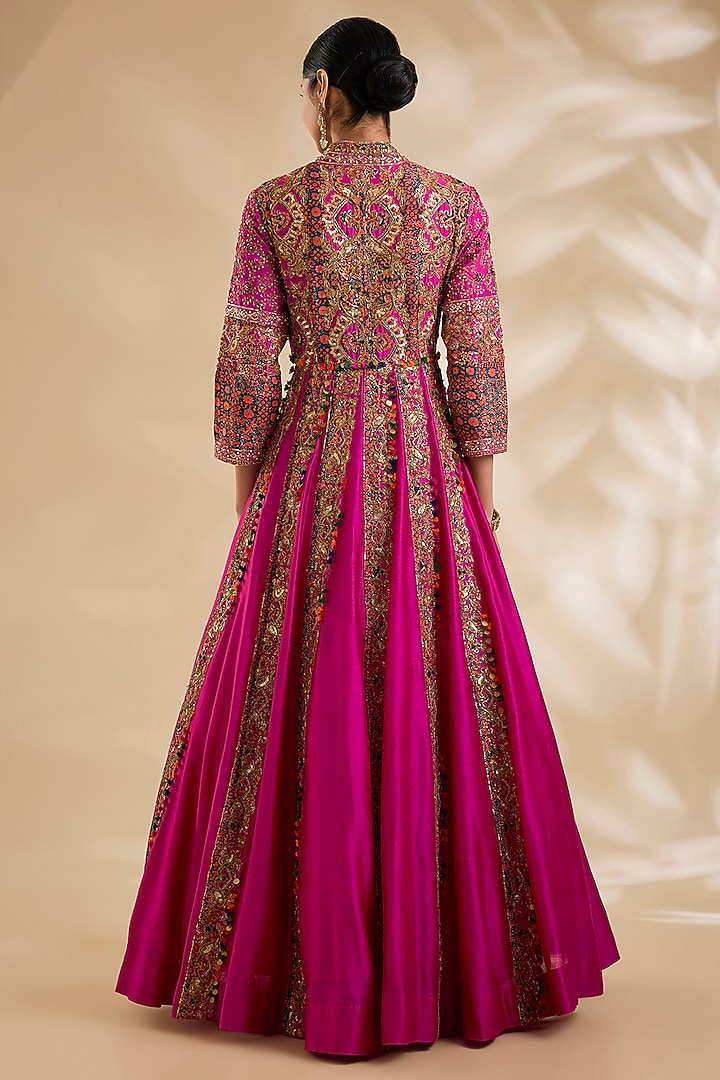 Magenta Silk Hand & Machine Embroidered Bridal Anarkali Set by Debyani ...