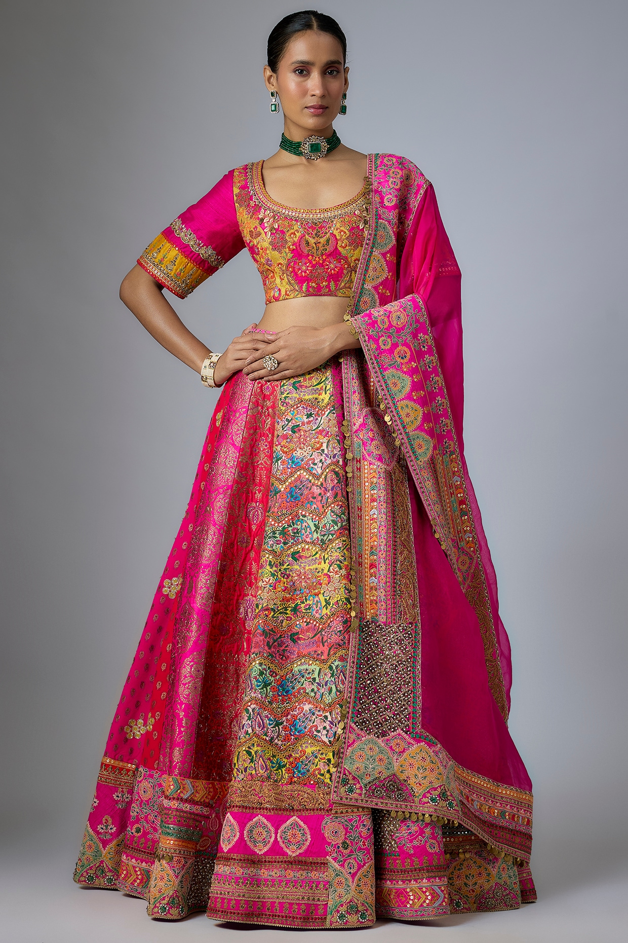 Red & Rani Brocade Abstract Printed & Patchwork Bridal Lehenga Set by ...