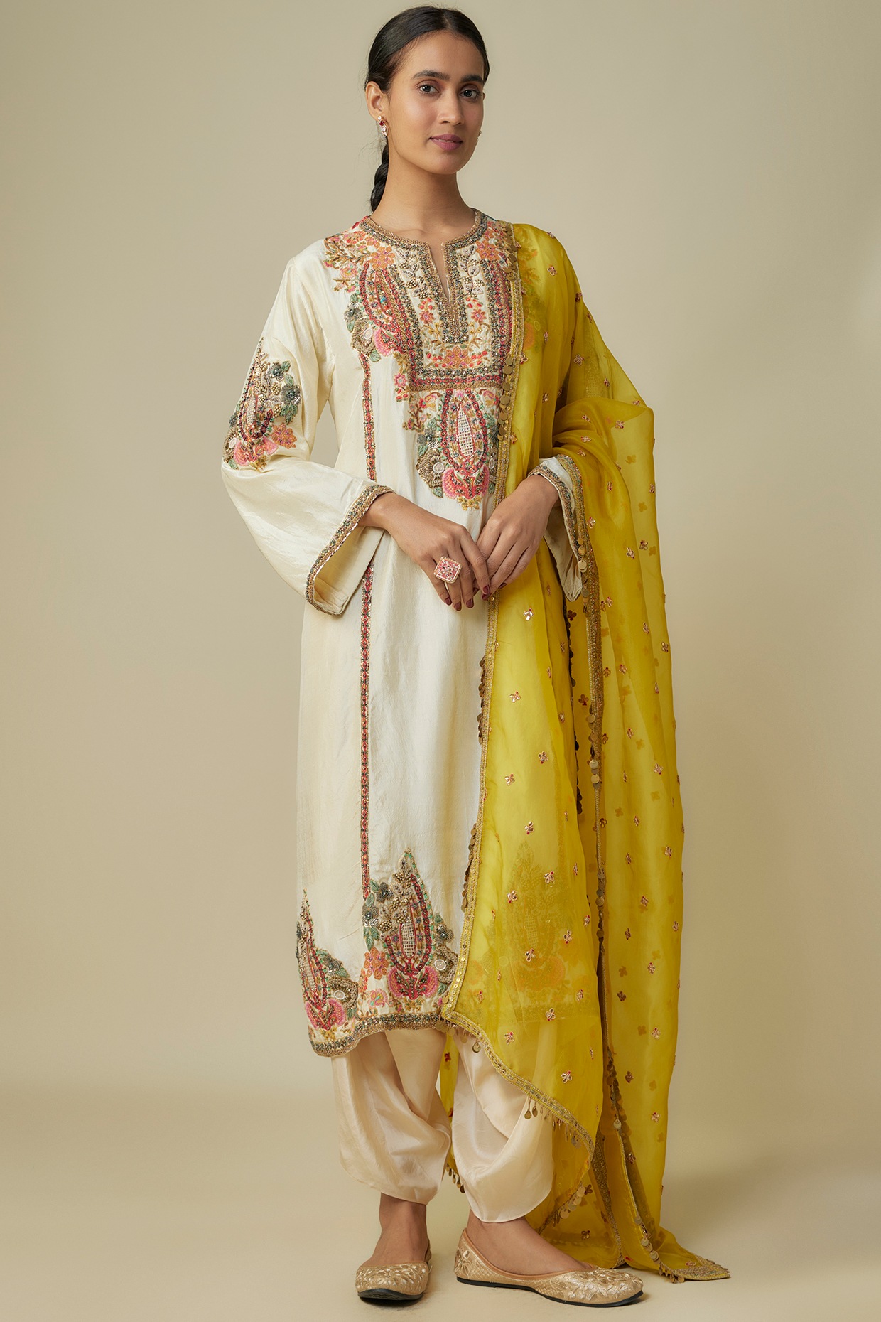 Ivory Silk Hand & Machine Embroidered Choga Kurta Set by Debyani at ...