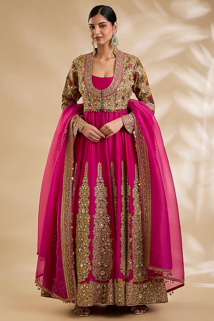 Magenta Silk Hand & Machine Embroidered Bridal Anarkali Set by Debyani ...