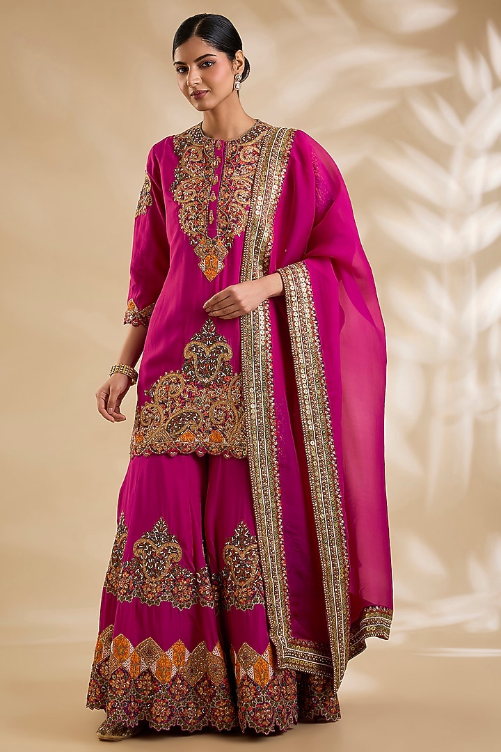 Magenta Silk Hand & Machine Embroidered Bridal Sharara Set by Debyani ...