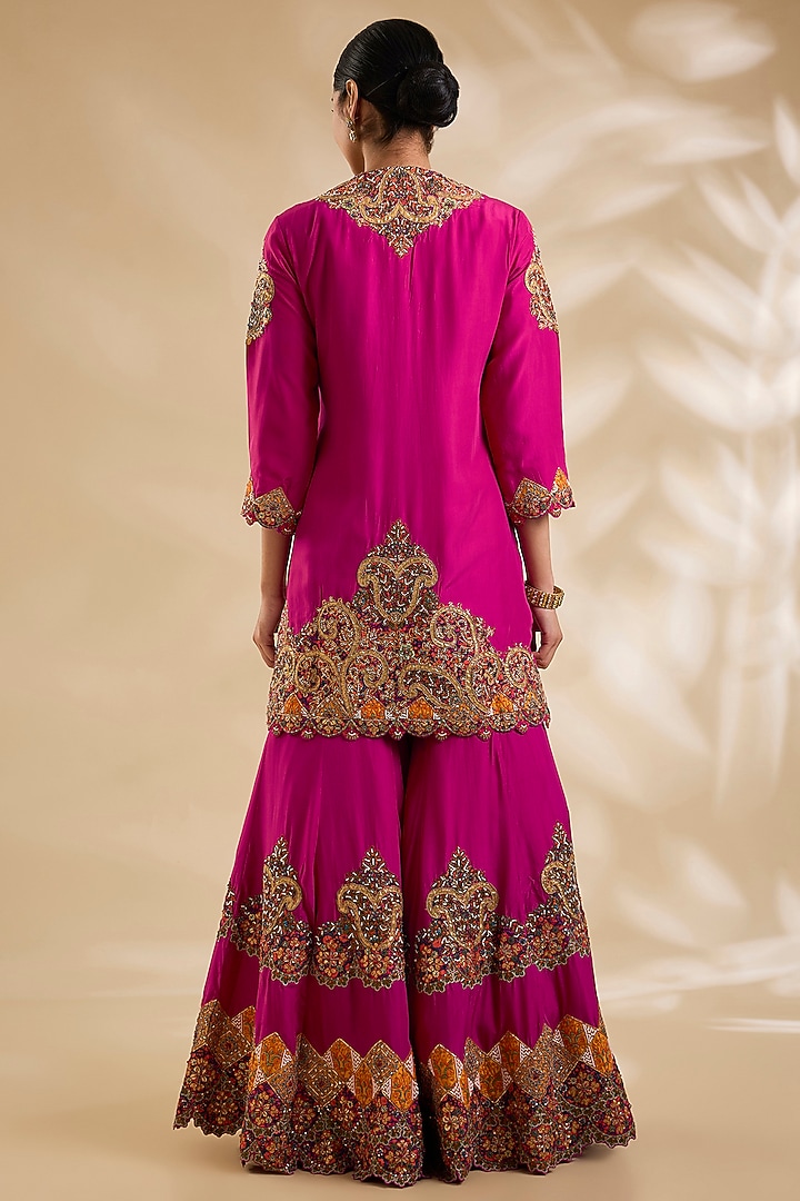 Magenta Silk Hand & Machine Embroidered Bridal Sharara Set by Debyani ...