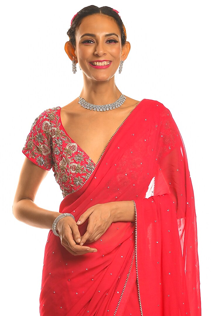 Vermilion Satin Saree Set by Debarun at Pernia's Pop Up Shop 2025