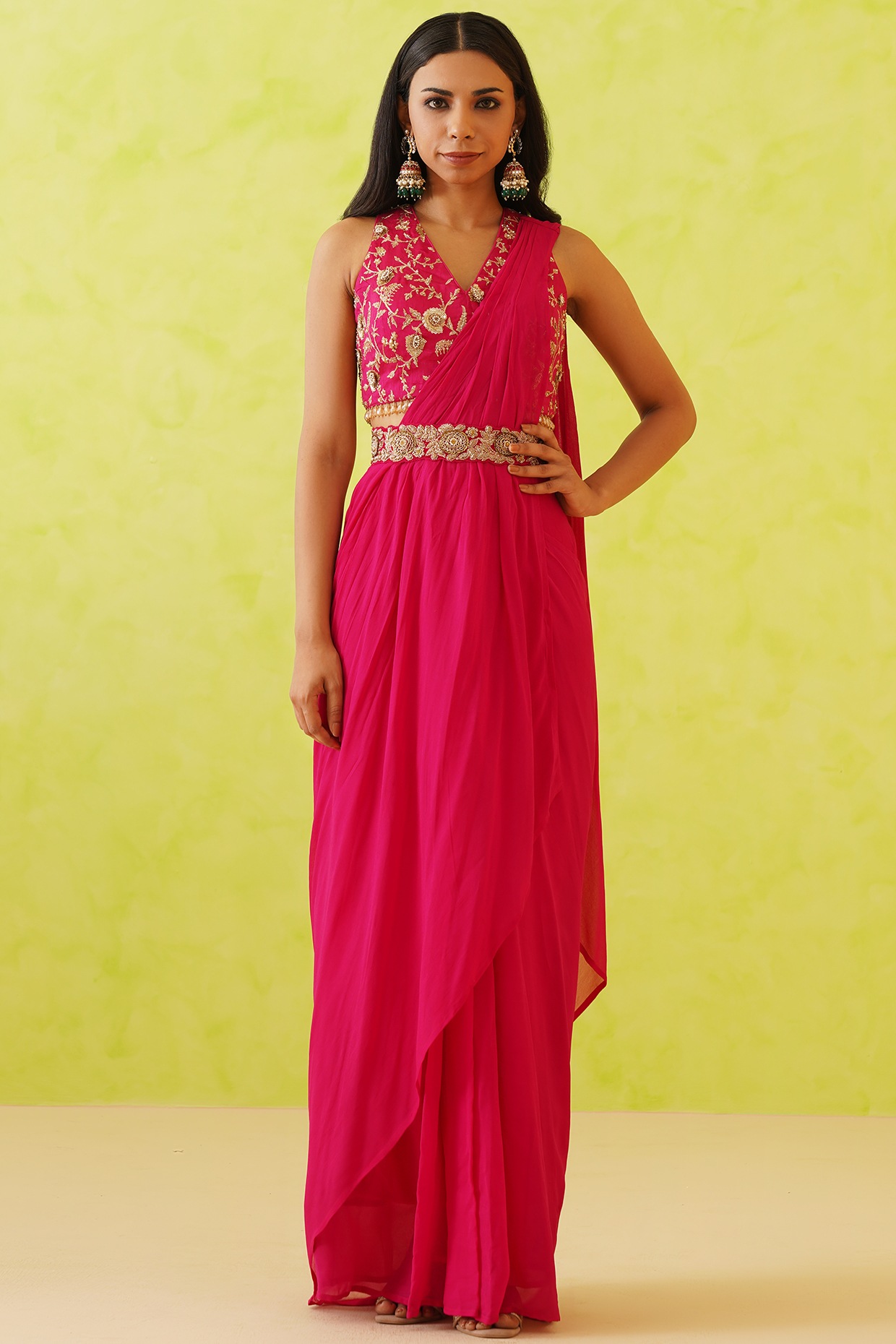 Fuchsia Pink Georgette Draped Saree Set by Deepika Chadha at Pernia's Pop Up Shop 2025