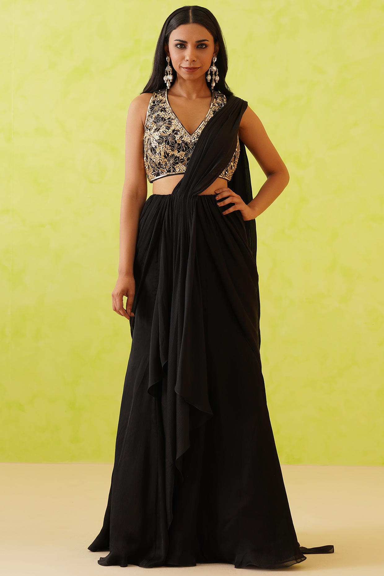 Black Satin Georgette Draped Saree Set by Deepika Chadha at Pernia's Pop Up Shop 2024