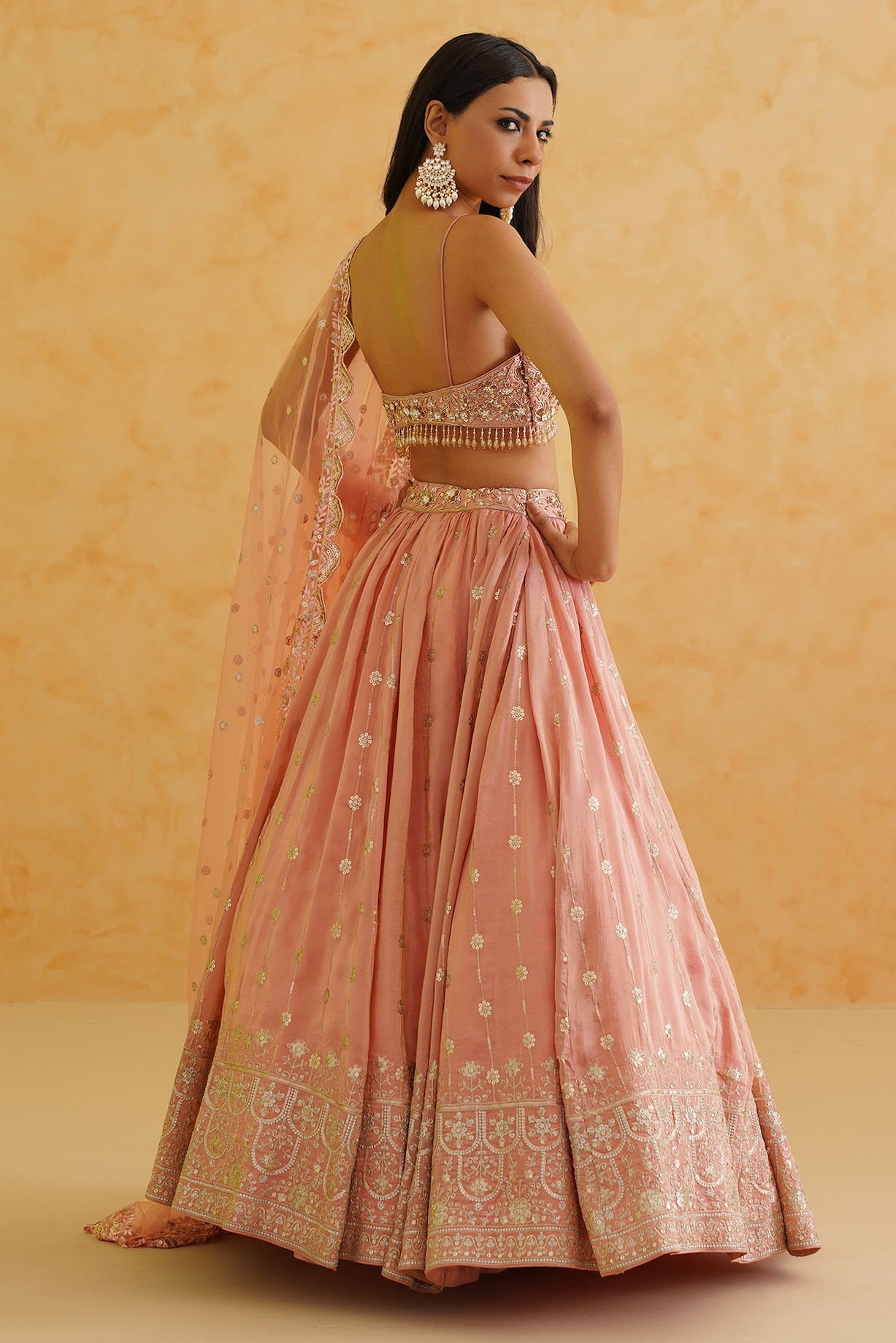 Pink Georgette Tissue Sequins & Cutdana Hand Embroidered Wedding Lehenga Set by Deepika Chadha ...