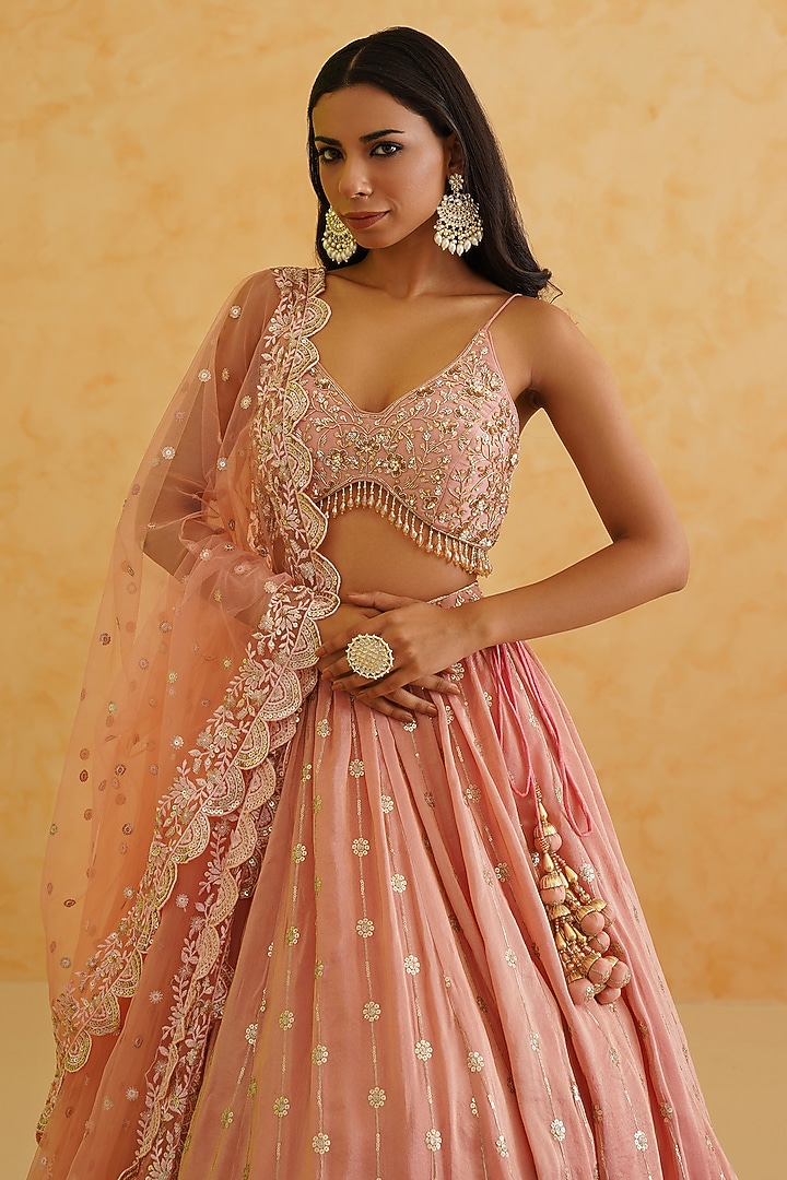 Pink Georgette Tissue Sequins & Cutdana Hand Embroidered Wedding Lehenga Set by Deepika Chadha ...