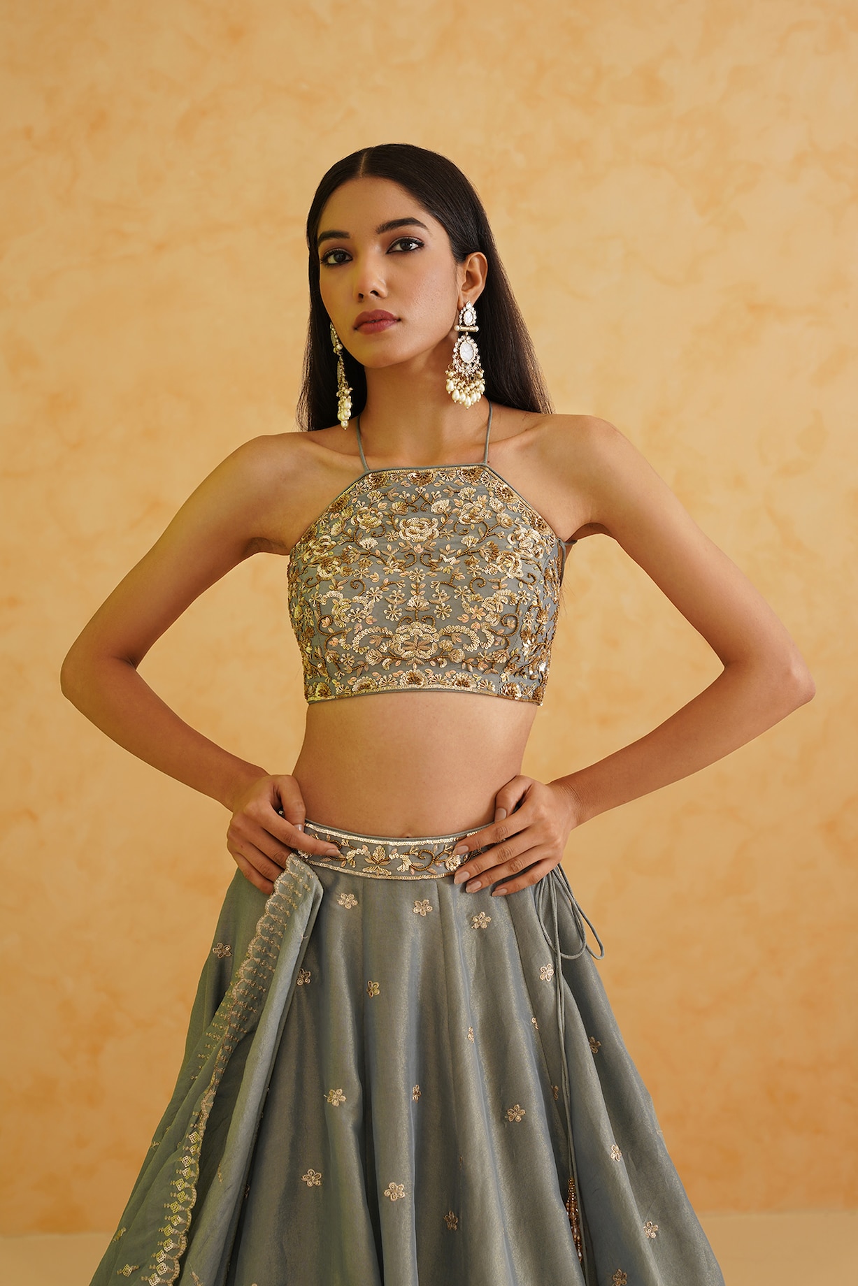 Grey Georgette Tissue Hand Embroidered Embroidered Wedding Lehenga Set by Deepika Chadha at ...