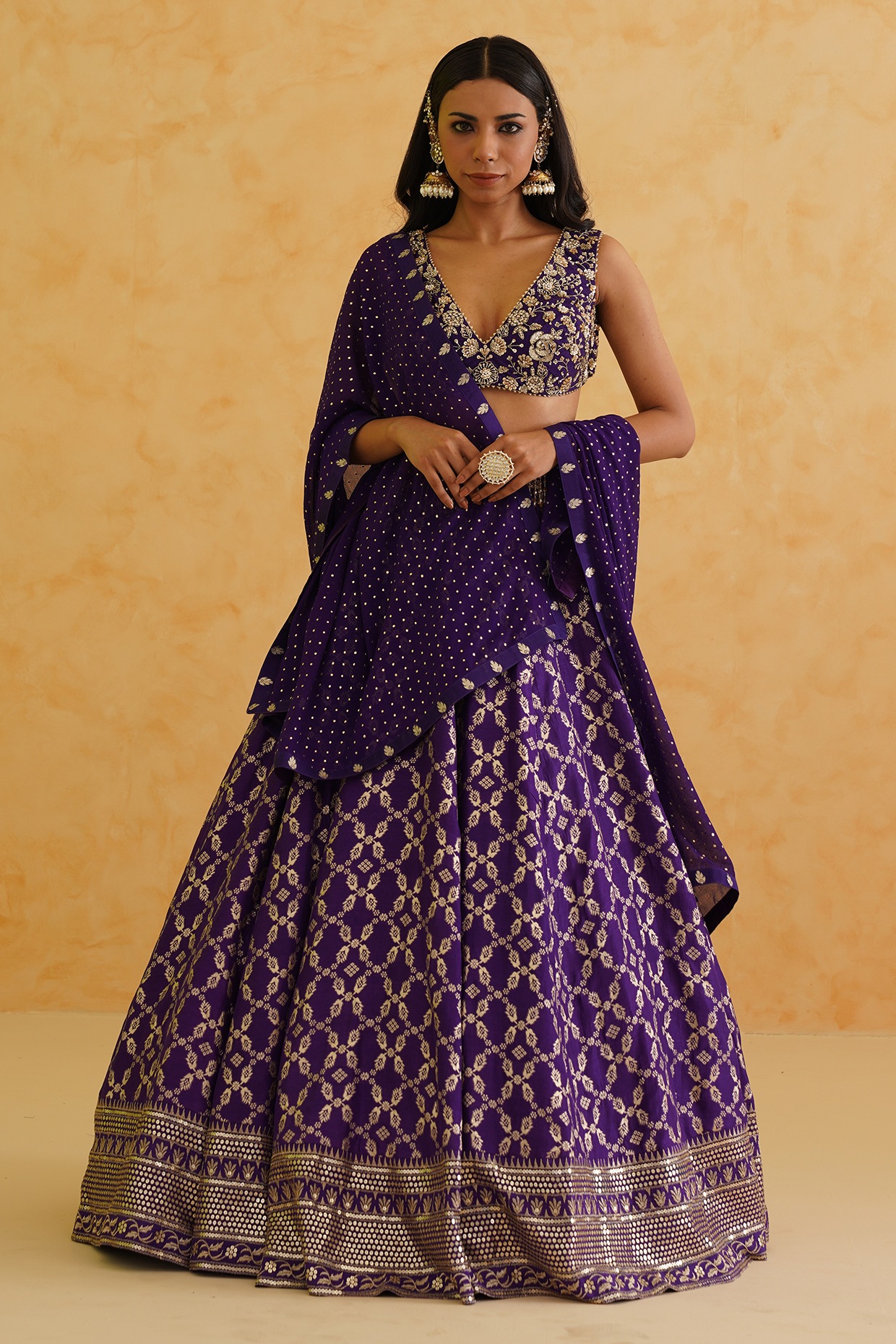 Purple Brocade Sequins & Crystal Hand Embroidered Wedding Lehenga Set by Deepika Chadha at ...