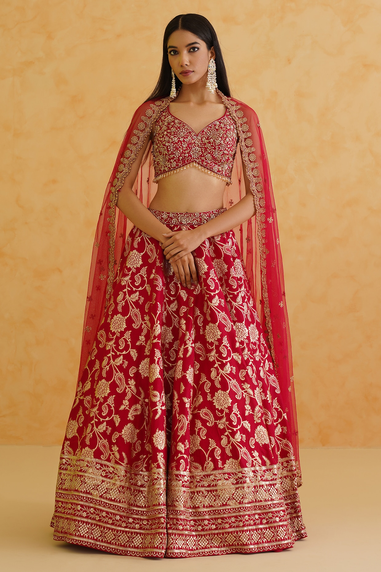 Fuschia Brocade Sequins & Crystal Hand Embroidered Wedding Lehenga Set by Deepika Chadha at ...