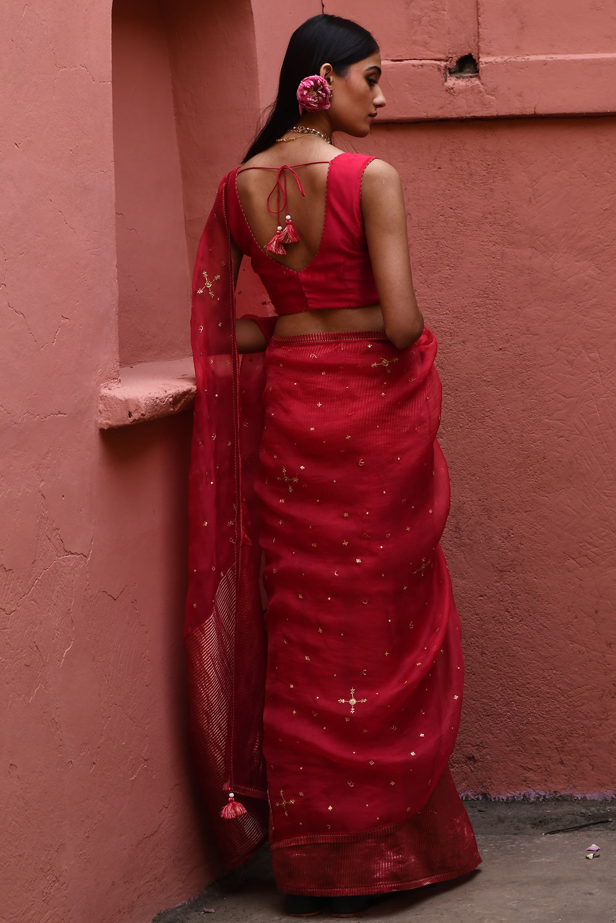 Vermillion Organza & Tissue Hand Embroidered Saree Set by Deep thee at ...