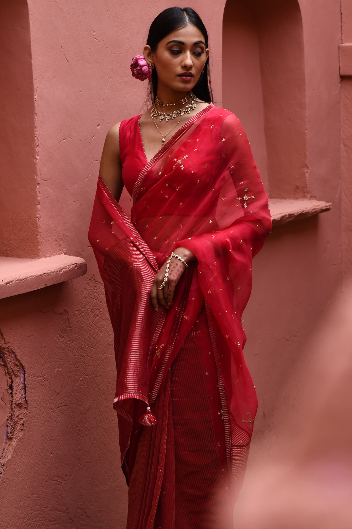 Vermillion Organza & Tissue Hand Embroidered Saree Set by Deep thee at ...