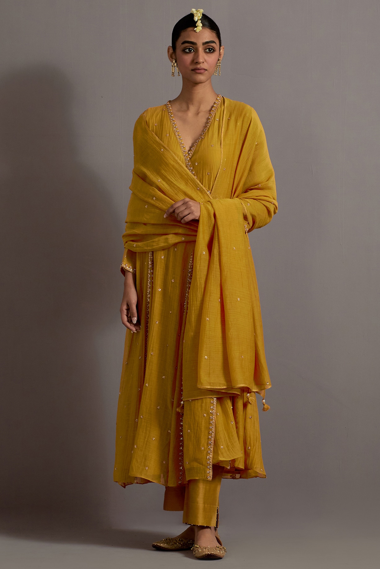 Mustard Yellow Chanderi Hand Embroidered Angrakha Anarkali Set by Deep ...