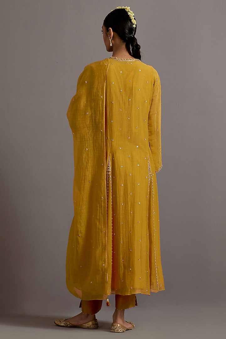 Mustard Yellow Chanderi Hand Embroidered Angrakha Anarkali Set by Deep ...