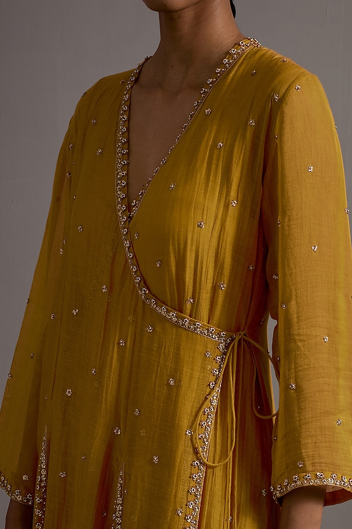Mustard Yellow Chanderi Hand Embroidered Angrakha Anarkali Set by Deep ...