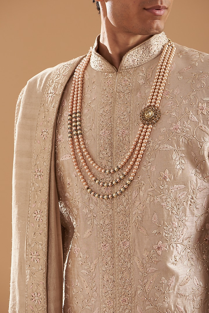 Champagne Gold Raw Silk Embroidered Wedding Sherwani Set by Dev Kumar ...