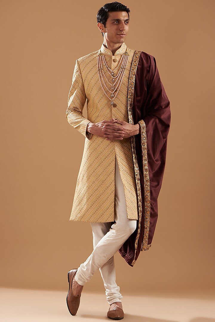 Gold Raw Silk Embroidered Wedding Sherwani Set by Dev Kumar at Pernia's ...