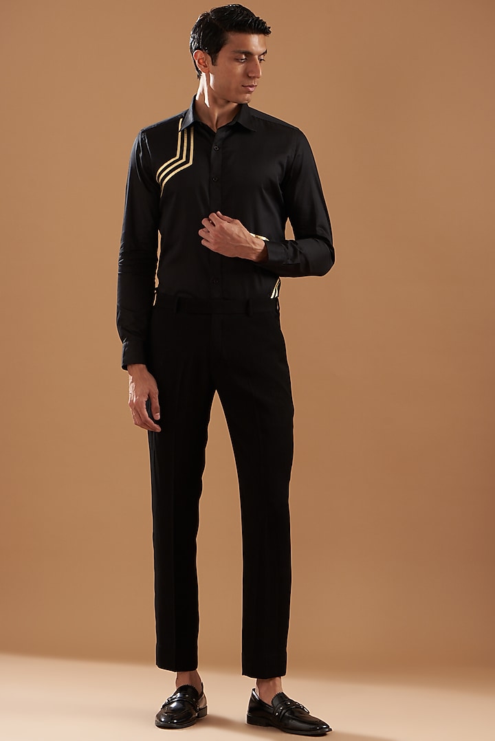 Black Cotton Satin Shirt by Dev Kumar at Pernia's Pop Up Shop 2024