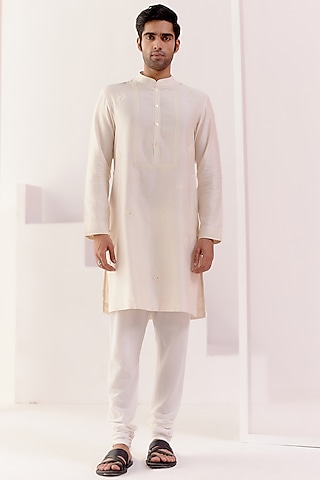 Ivory Silk Chanderi Dori Embroidered Kurta Set by Devnaagri Men at ...