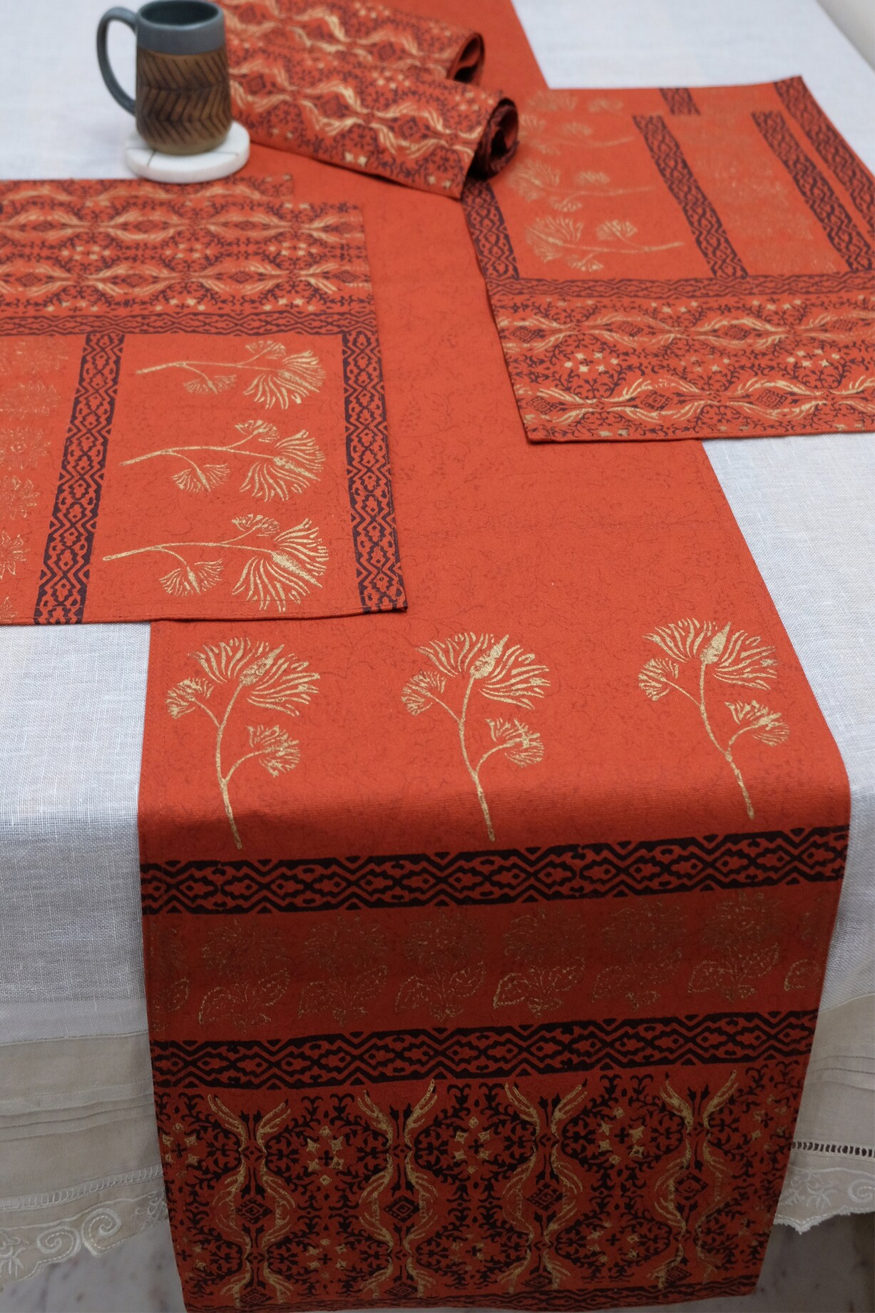 Burnt Orange & Gold Cotton Hand Block Printed Table Runner by Design ...