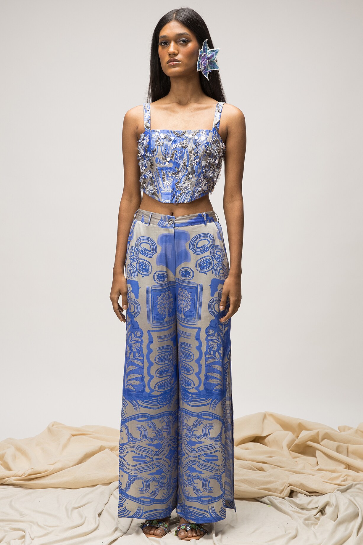 Indigo Blue & Silver Grey Satin Co-Ord Set by Doh Tak Keh at Pernia's ...