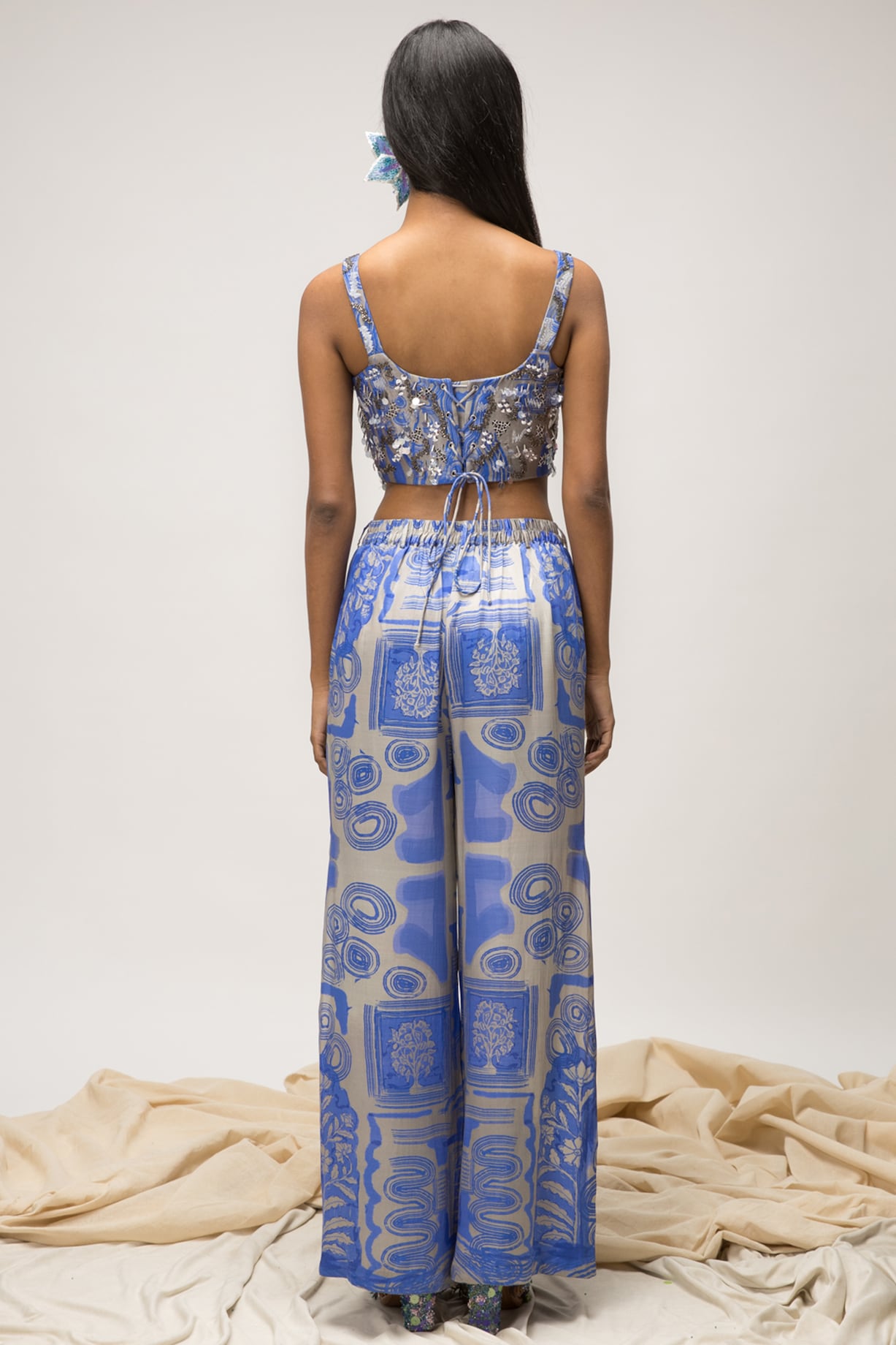 Indigo Blue & Silver Grey Satin Co-Ord Set by Doh Tak Keh at Pernia's ...