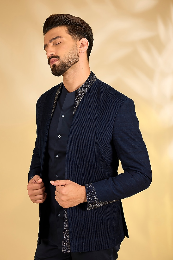 Navy Blue Textured Fabric Groom Indowestern Set by Dhruv Vaish at ...