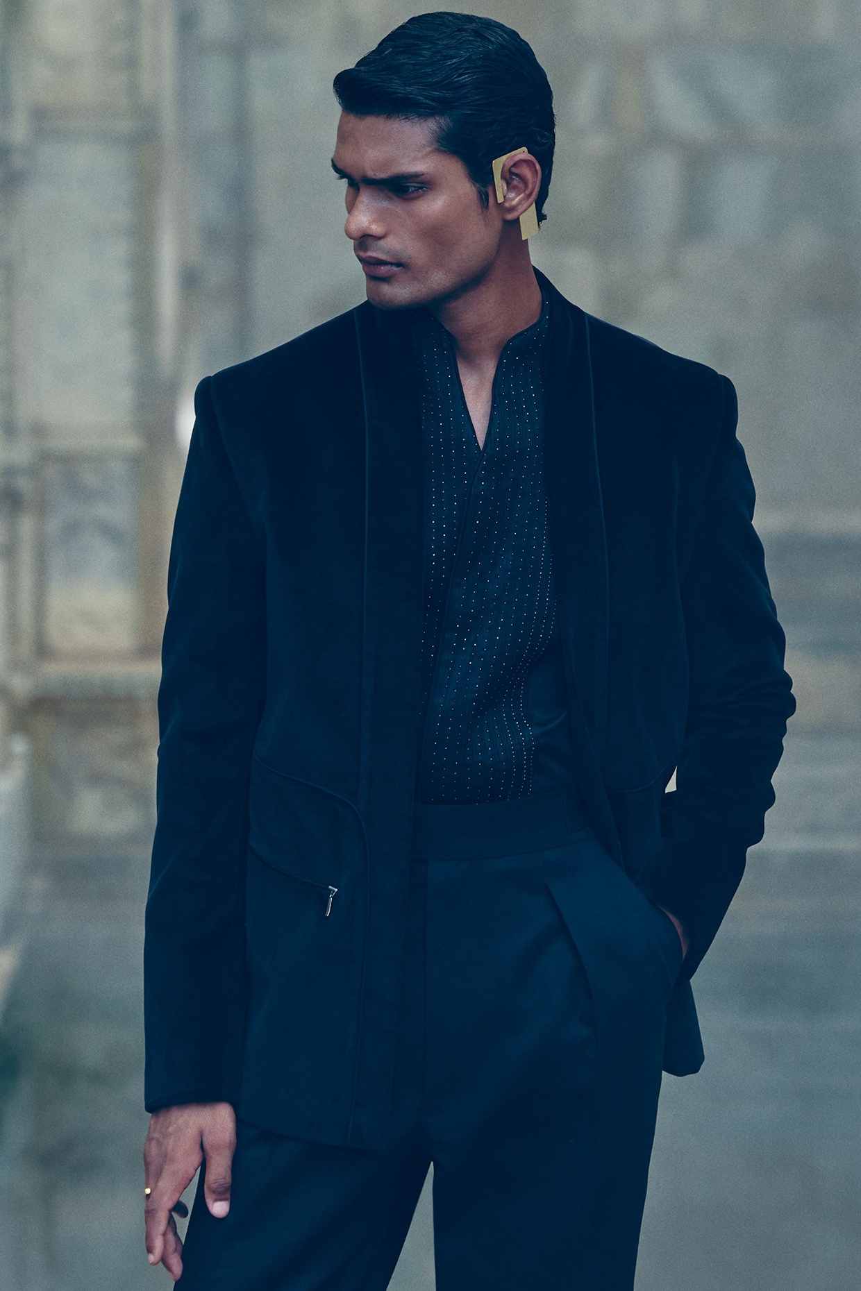 Black Velvet Indowestern Jacket by Dhruv Vaish at Pernia's Pop Up Shop 2025